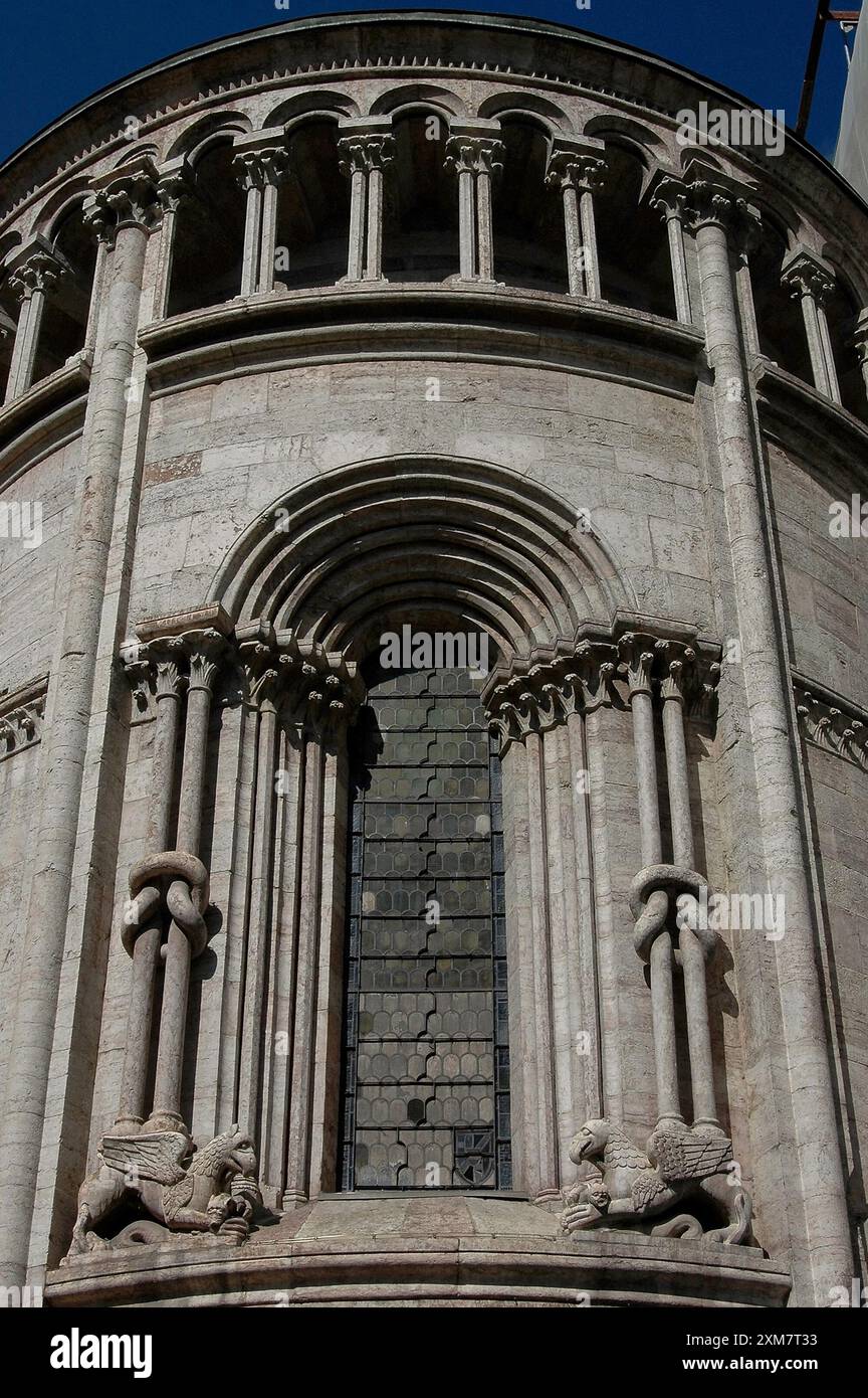East window of Romanesque apse of the cathedral in Trento, Italy, the ...