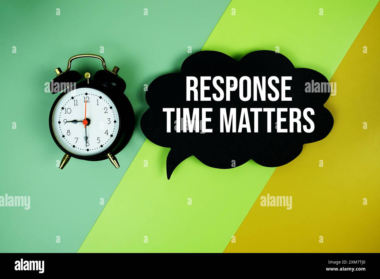 Response Time Matters text on speech bubble with alarm clock top view on green and yellow ...