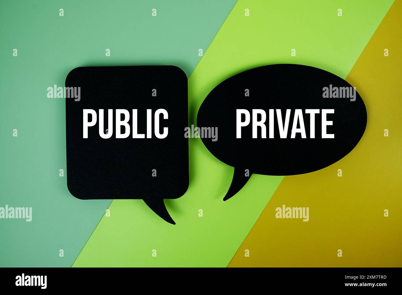 Public vs Private text on speech bubble top view on green and yellow ...
