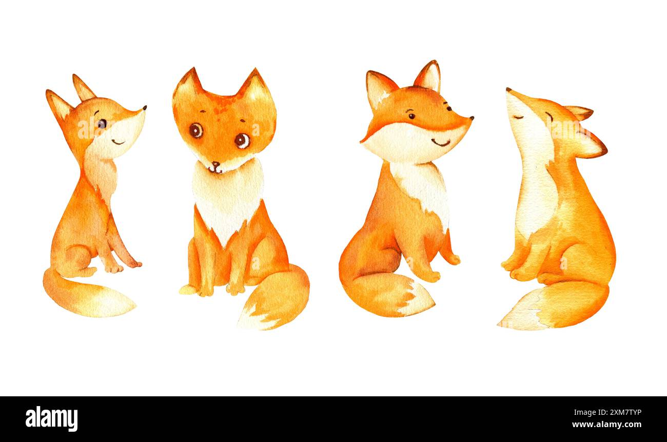 watercolor set of little red fox cubs, cute forest young animals ...