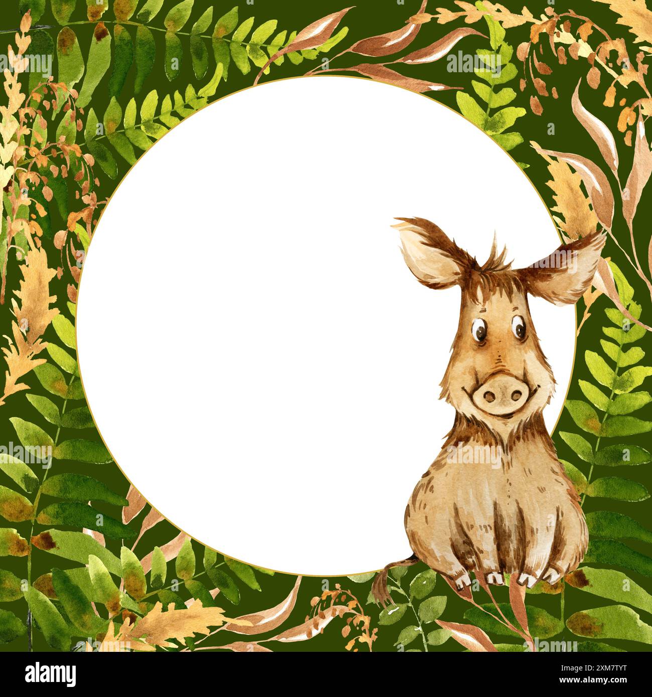 watercolor cute little animal boar against frame with forest herbs and ...