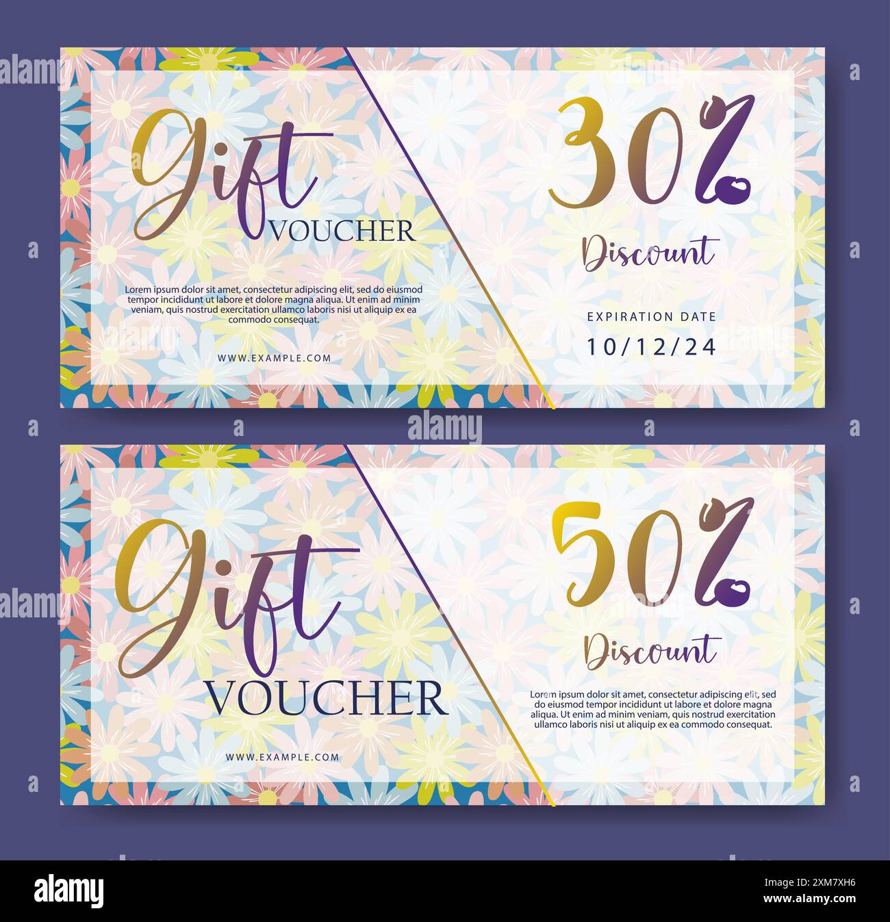 Set of gift vouchers with daisy floral background. Gift certificate 2d ...