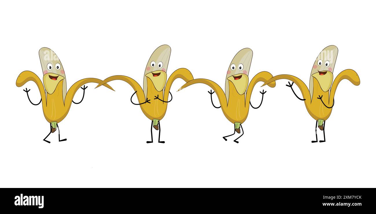 Groovy banana. Set funny cartoon trendy retro style fruit character. Ripe banana and banana peel ...