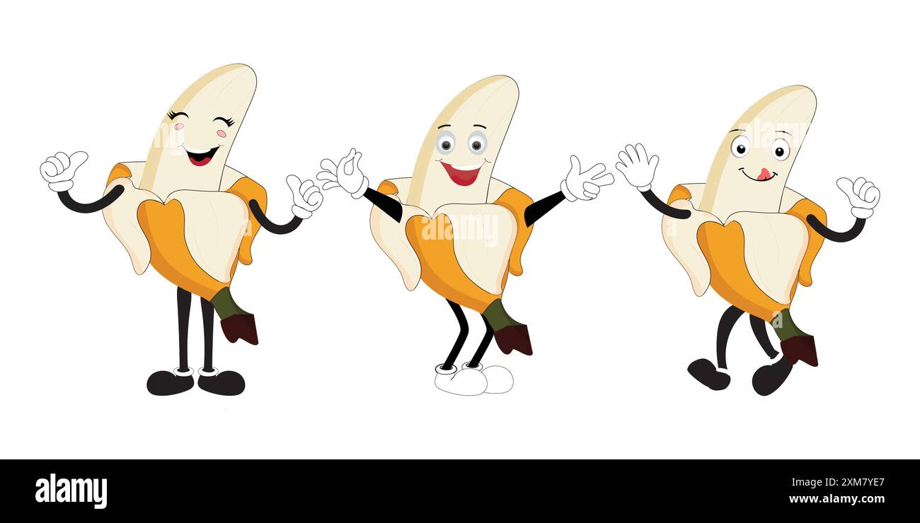 Groovy banana. Set funny cartoon trendy retro style fruit character ...