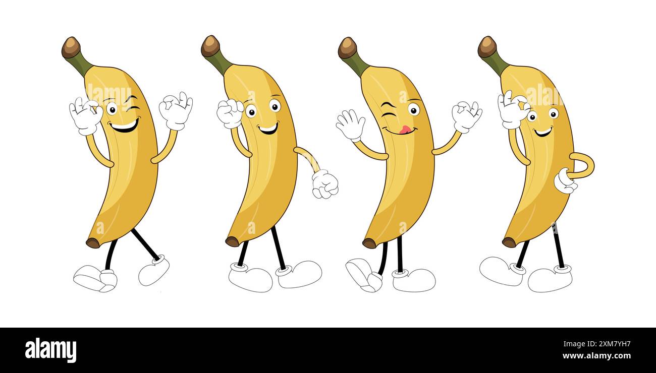 Groovy banana. Set funny cartoon trendy retro style fruit character ...