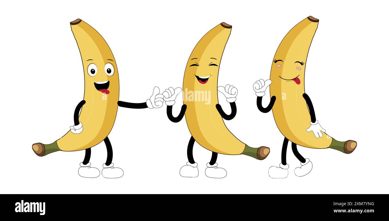 Groovy banana. Set funny cartoon trendy retro style fruit character ...