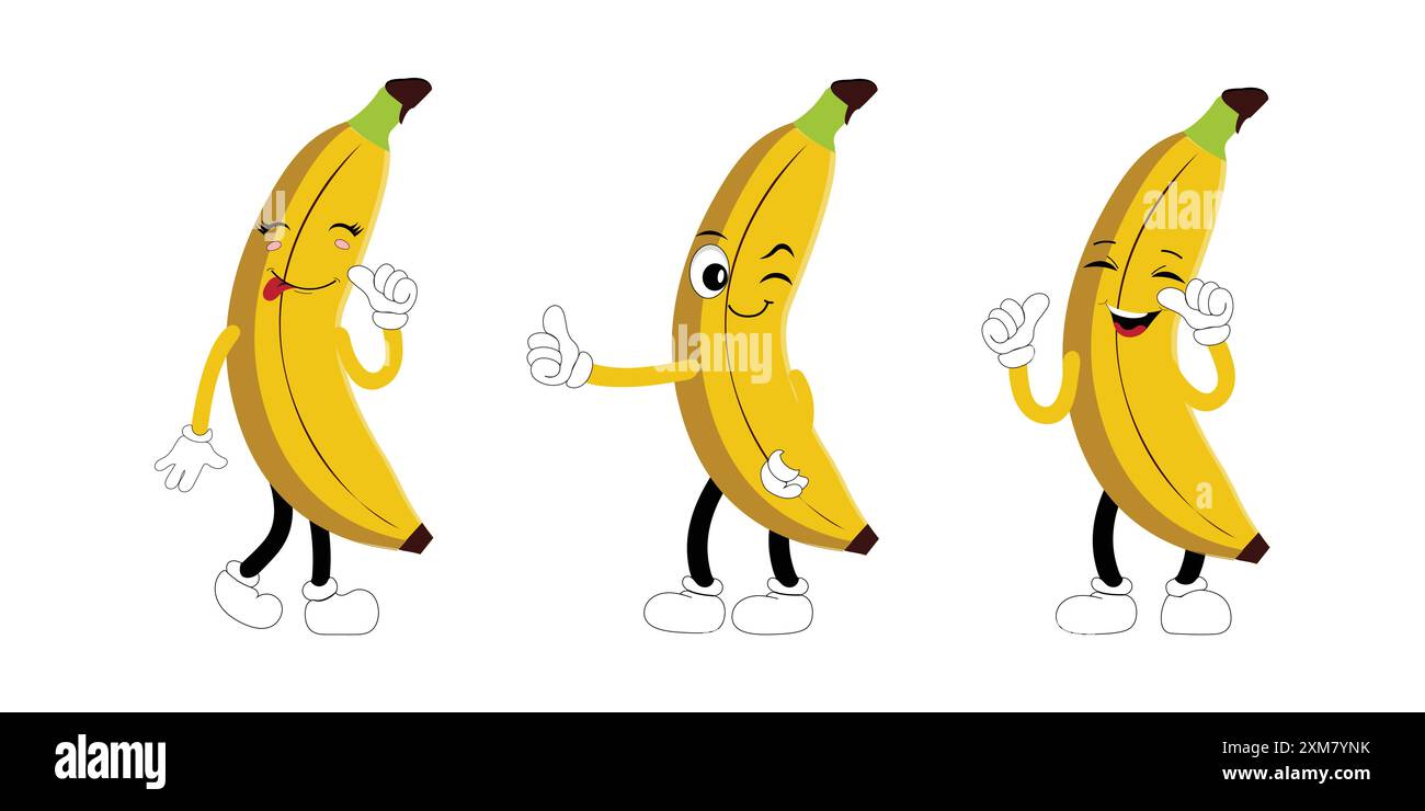 Groovy banana. Set funny cartoon trendy retro style fruit character ...