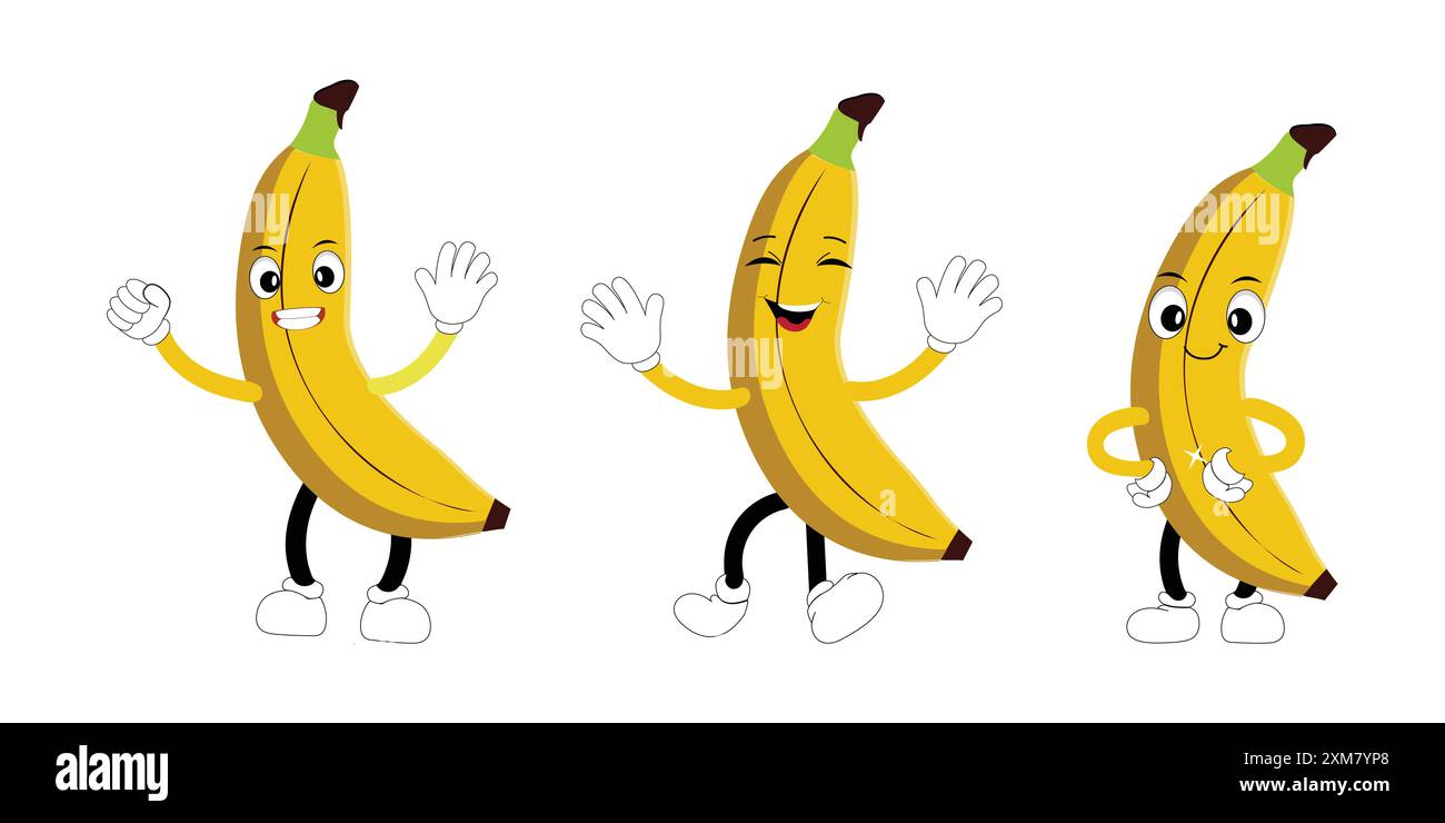 Groovy banana. Set funny cartoon trendy retro style fruit character. Ripe banana and banana peel ...
