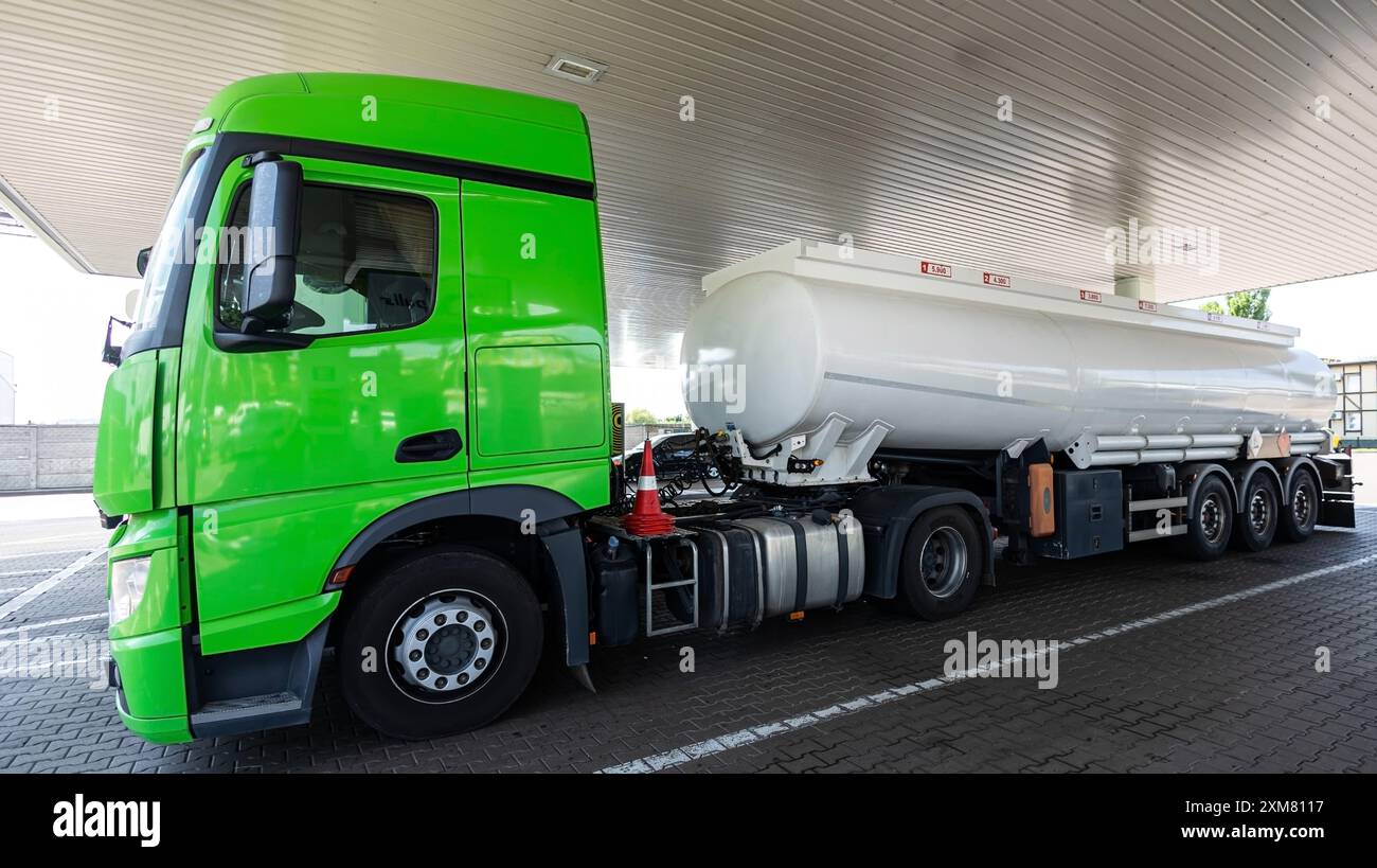 Tanker gas truck delivering fuel at service station Stock Photo - Alamy