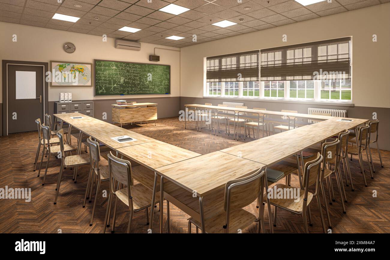 Empty classroom interior wooden desks arranged u shape. education ...