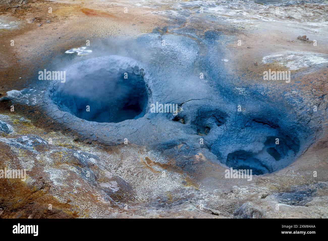 Geothermal Hverir area releasing steam from colorful hot springs Stock ...