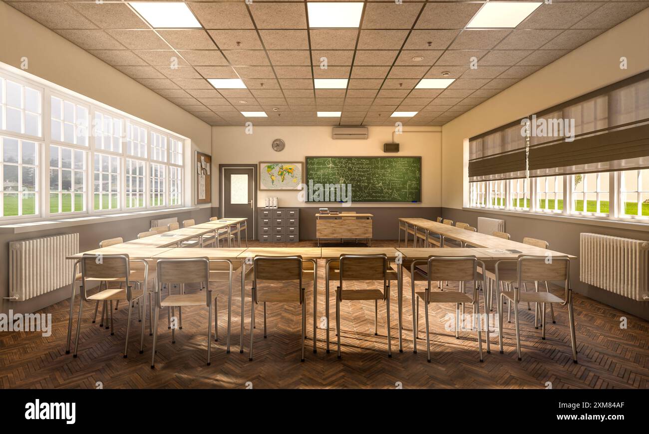 3d render japanese school classroom wooden desks interior Stock Photo ...