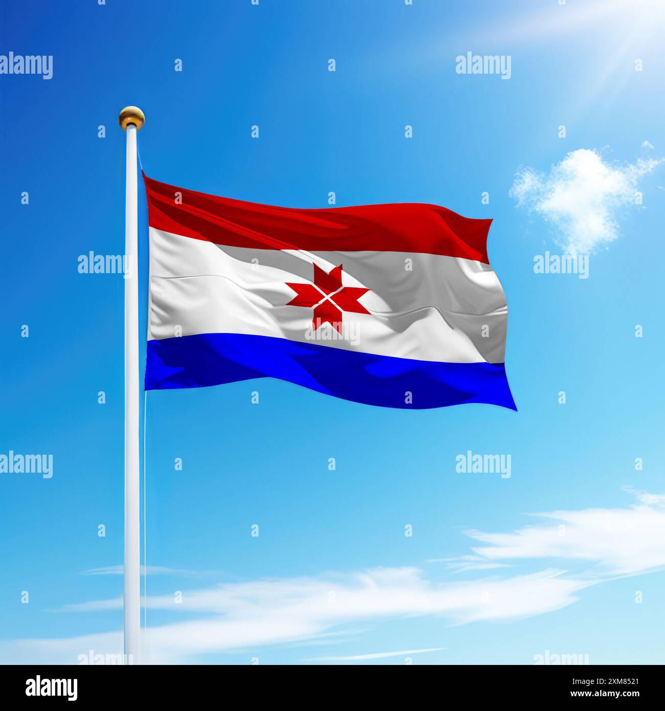 Waving flag of Mordovia is a region of Russia on flagpole with sky ...