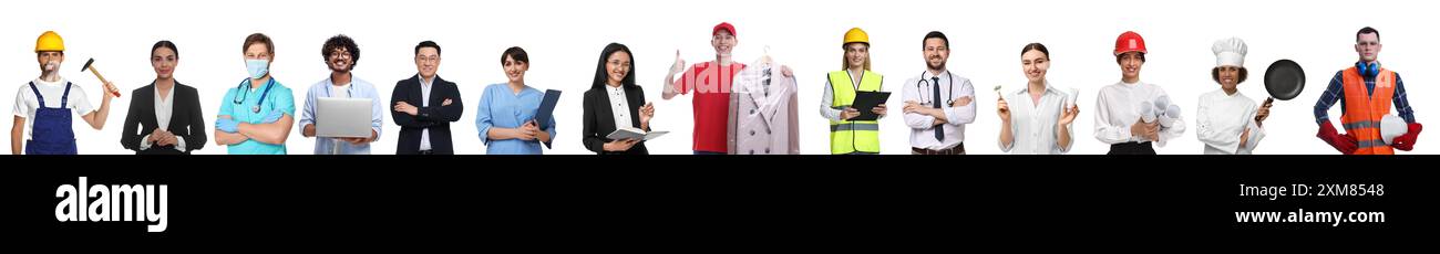 People of different professions. Collage with portraits on white ...