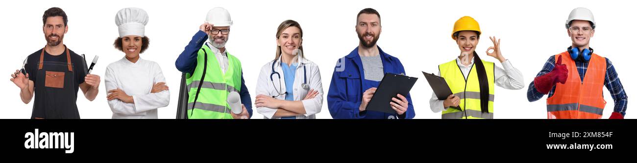 People of different professions. Collage with portraits on white ...