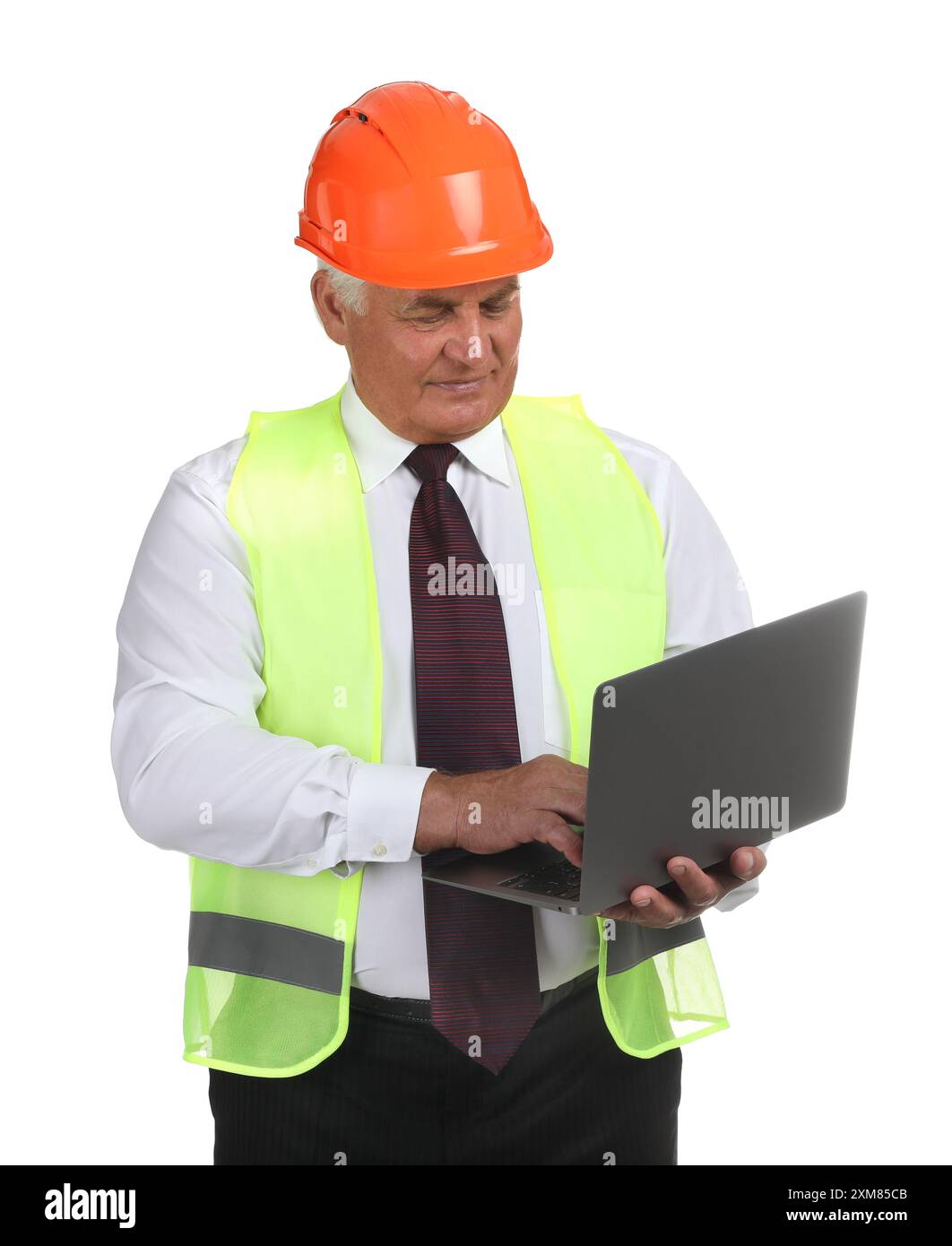Engineer in hard hat with laptop on white background Stock Photo - Alamy