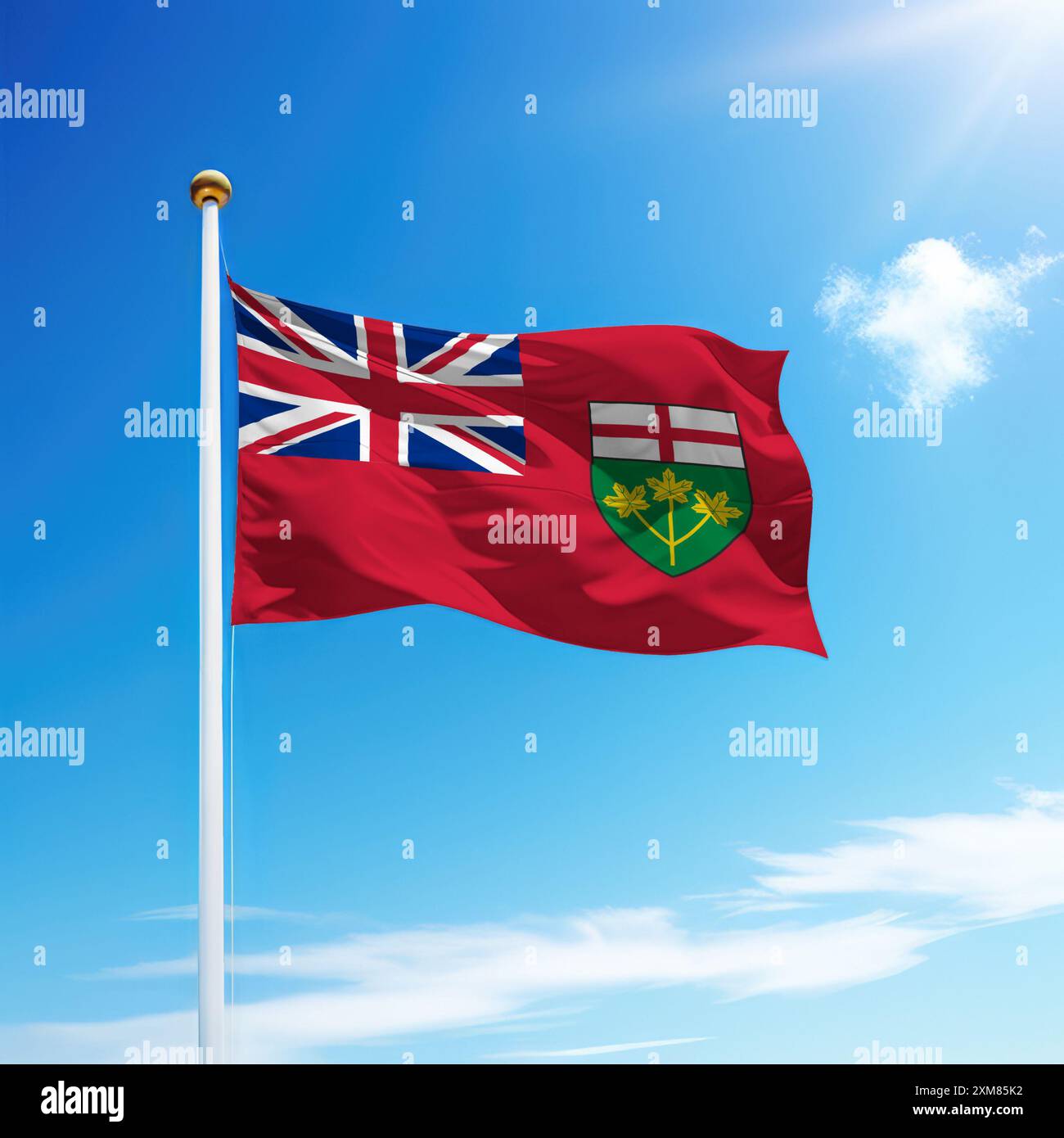 Waving flag of Ontario is a province of Canada on flagpole with sky ...
