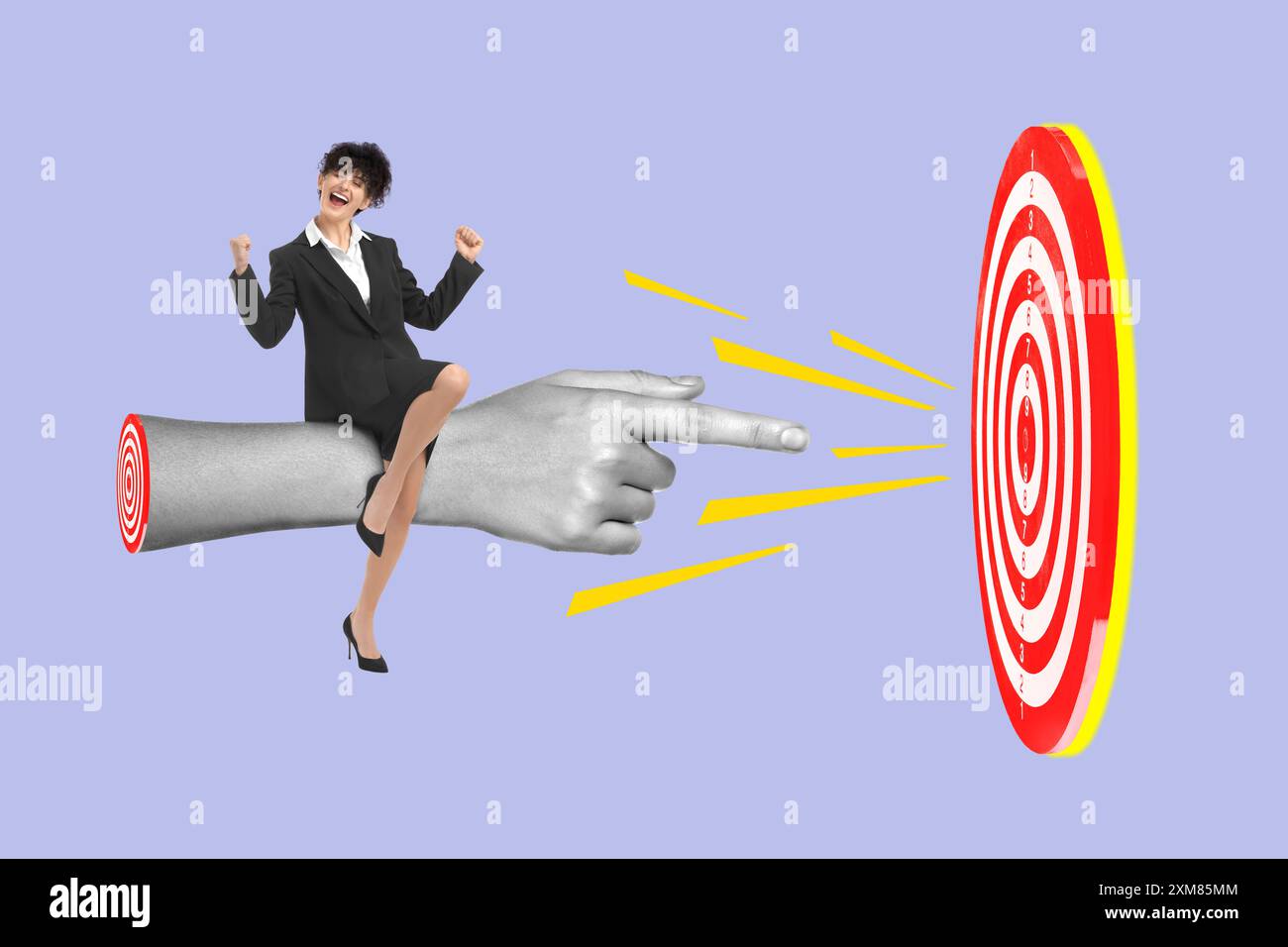 Targeting, creative art collage. Happy businesswoman on female hand ...