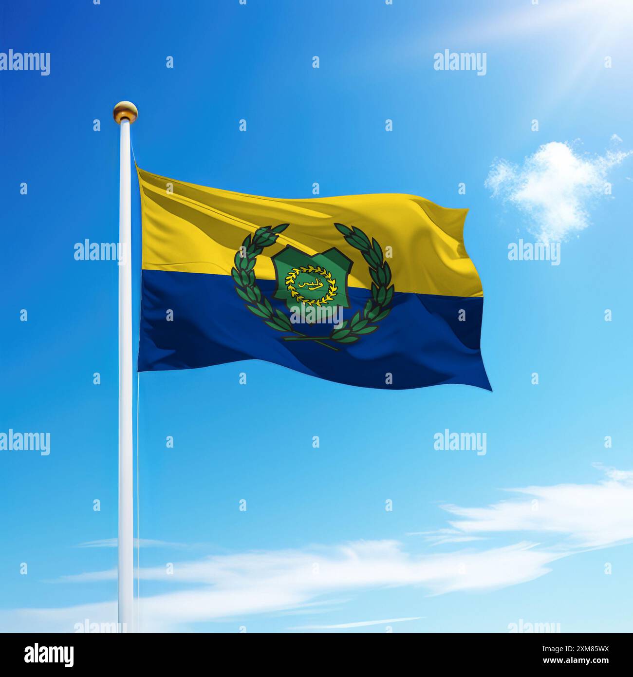 Waving flag of Perlis is a state of Malaysia on flagpole with sky ...