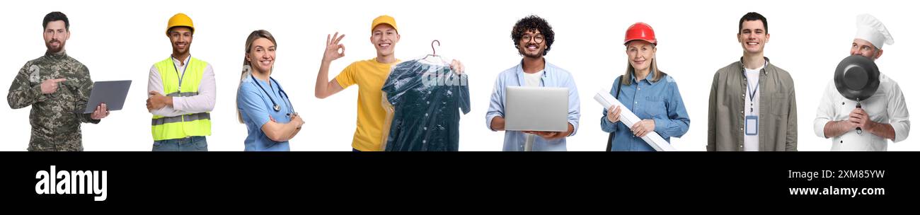 People of different professions. Collage with portraits on white ...