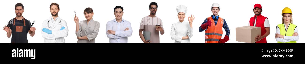 People of different professions. Collage with portraits on white ...