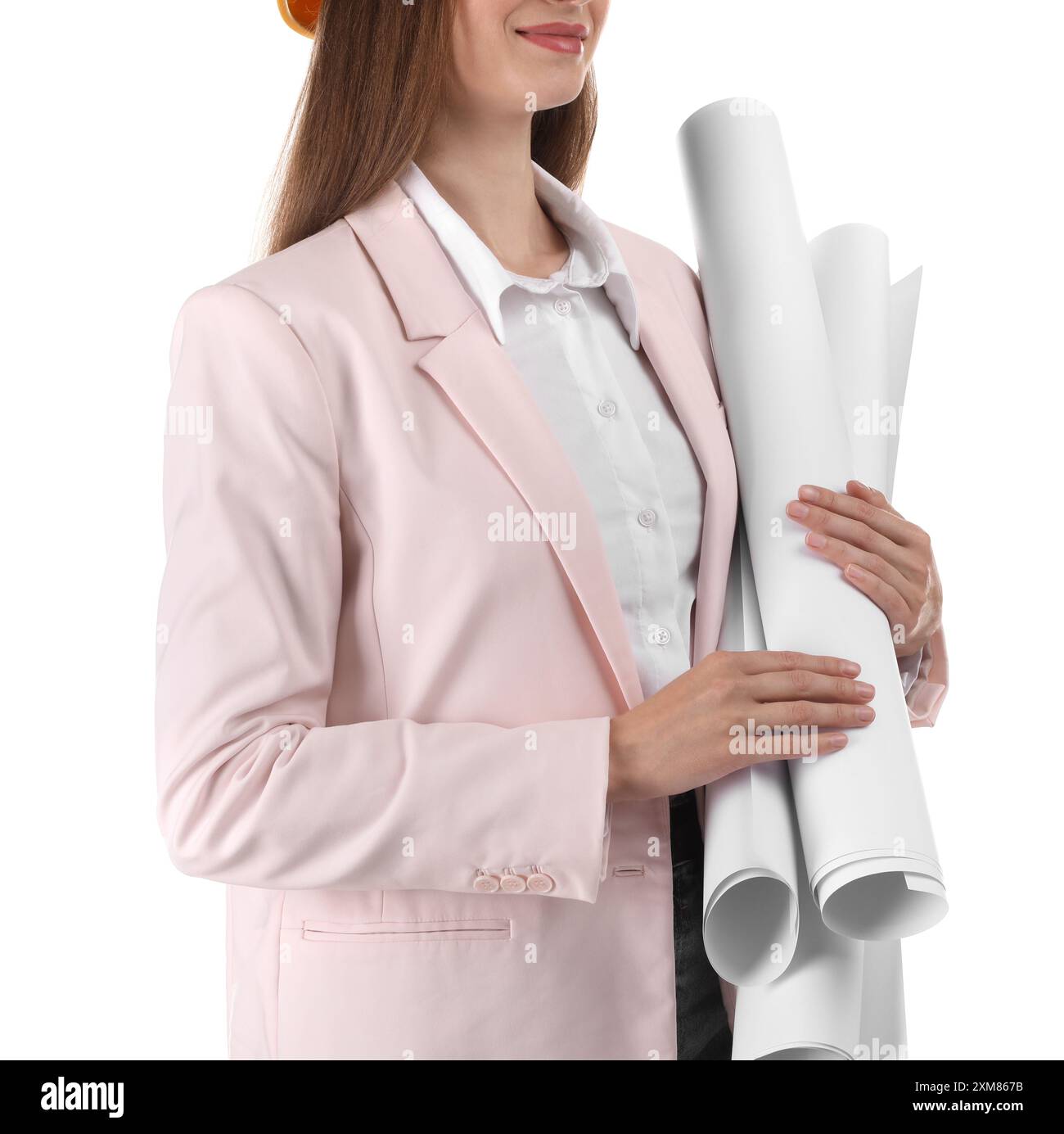 Engineer with drafts on white background, closeup Stock Photo - Alamy