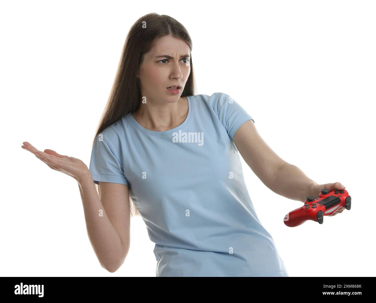 Woman playing video games with controller on white background Stock ...