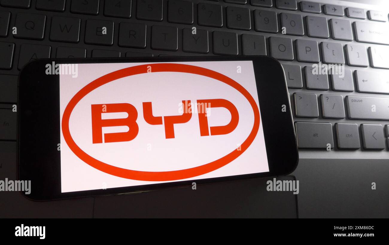 In this photo illustration, BYD logo is displayed on a smartphone with ...