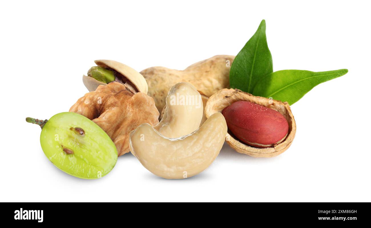 Mix of nuts and green grape isolated on white Stock Photo - Alamy