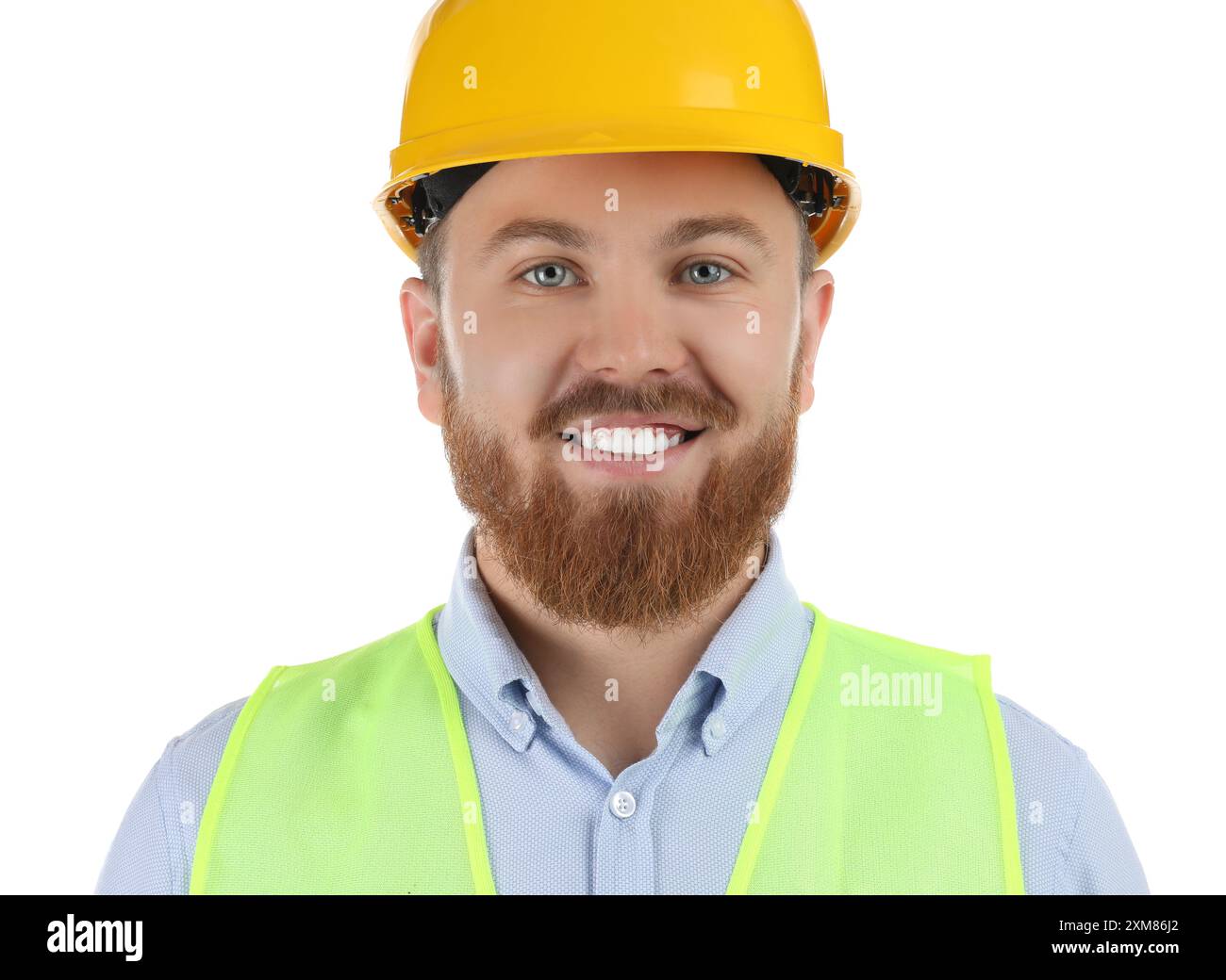 Engineer in hard hat on white background Stock Photo - Alamy