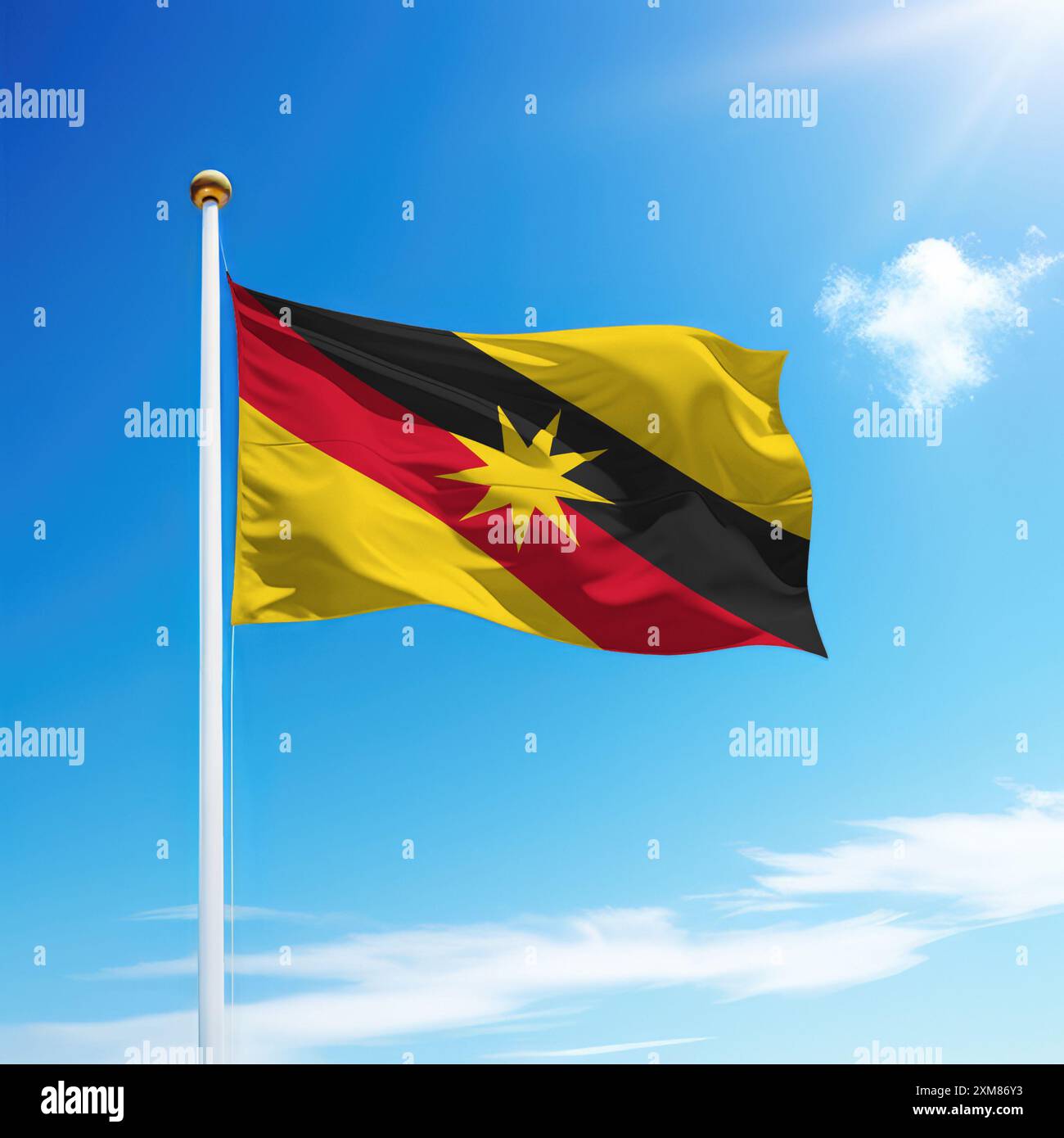 Waving flag of Sarawak is a state of Malaysia on flagpole with sky ...