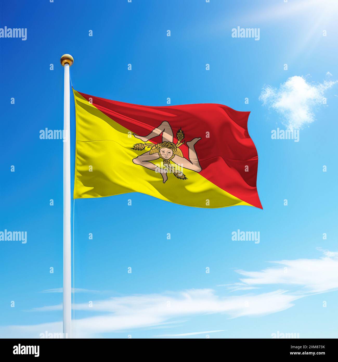 Waving flag of Sicily is a region of Italy on flagpole with sky ...