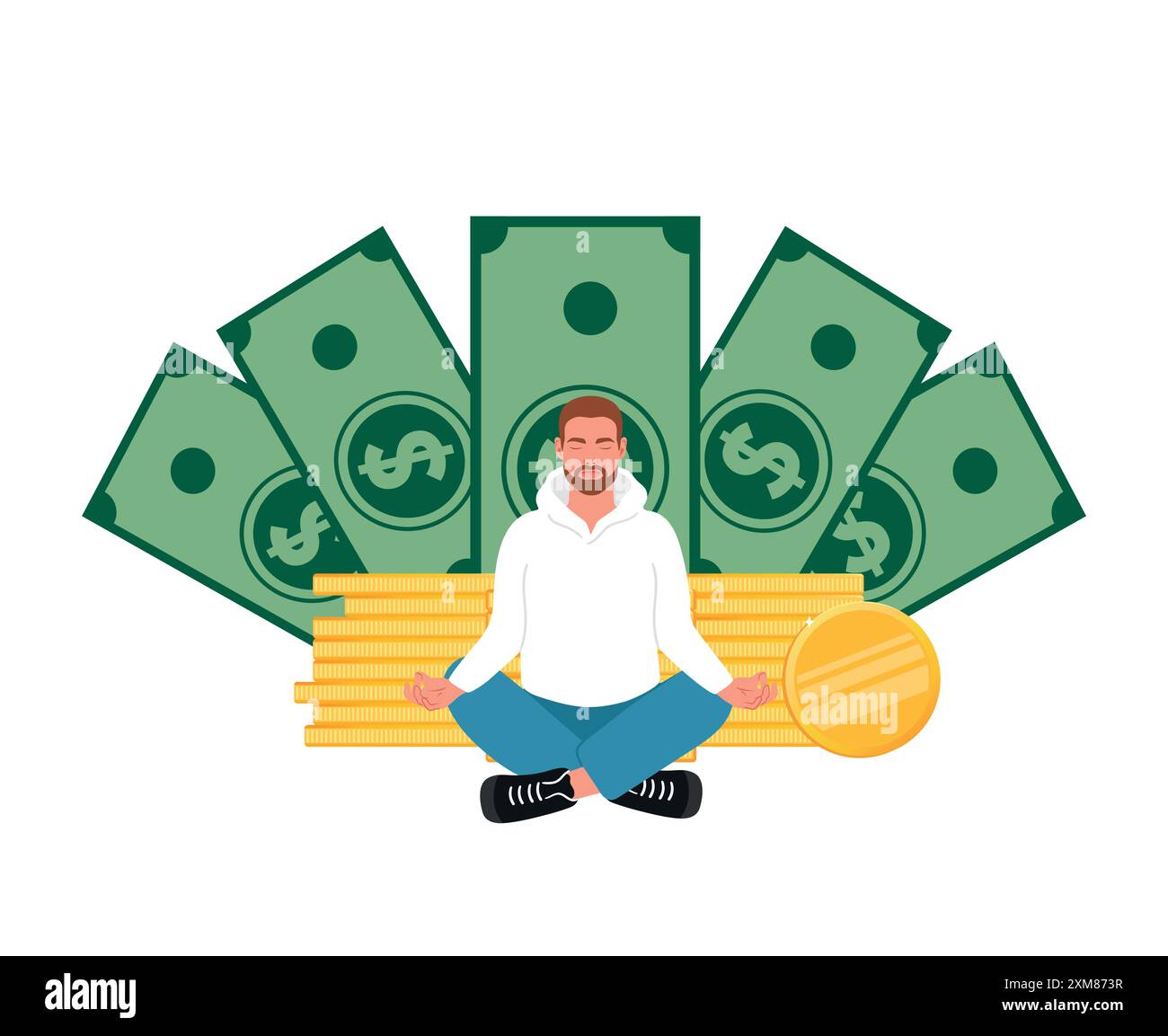 Financial wellbeing. Man sits in lotus pose on a stack of gold coins ...