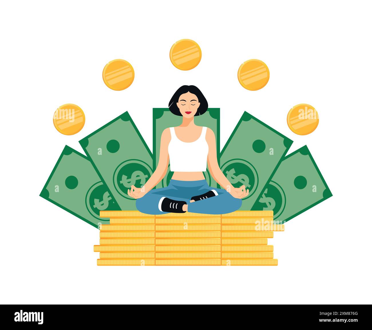 Financial wellbeing, financial guru. Woman sits in lotus pose on a ...
