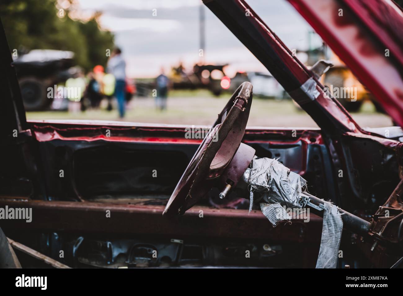 Selective focus on the interior steering column and wheel on a modified ...