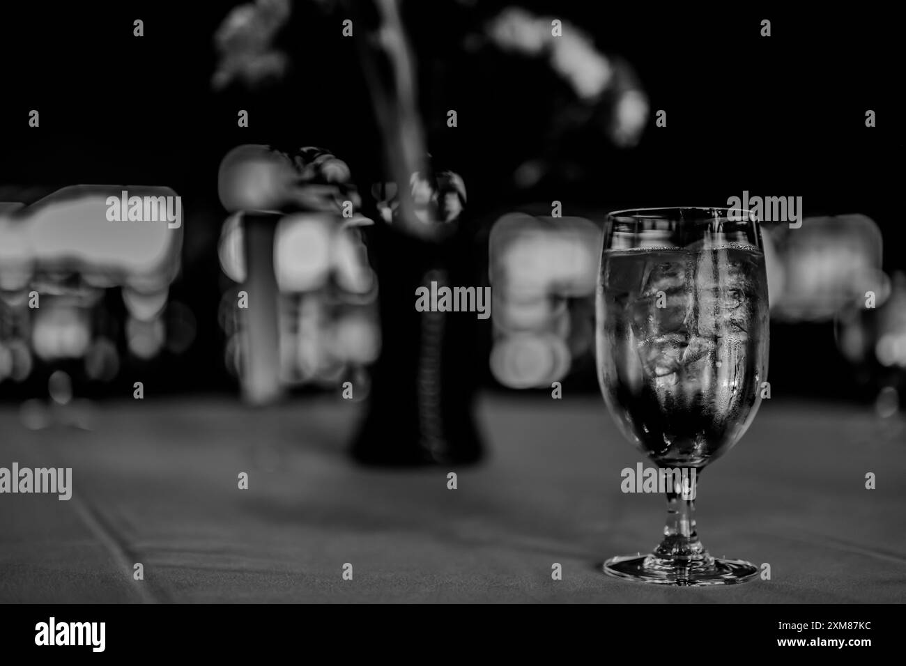 Formal dinner setting placement with an ice water glass and flower ...