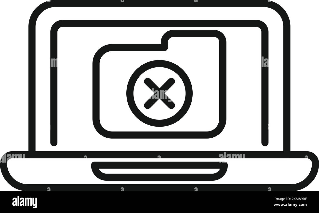 Simple icon of a laptop showing a deleted folder, representing data ...
