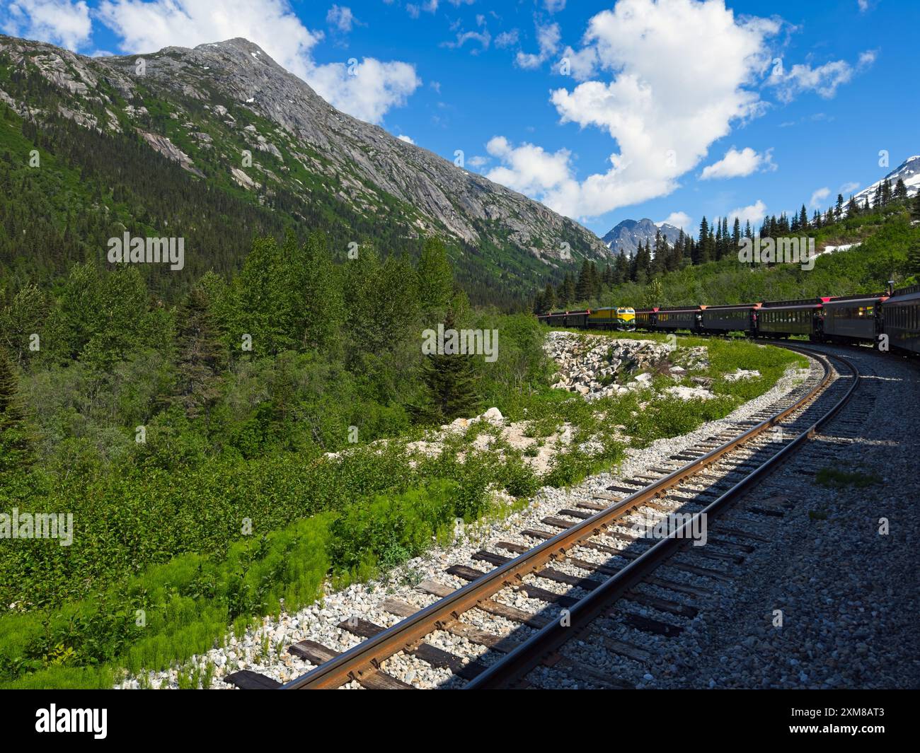 Two trains passing on a mountain curve on Alaska's White Pass and Yukon ...