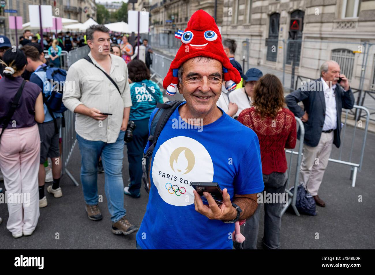 Paris, France. 26th July, 2024. A fan wearing Phrygian cap, Phryges ...