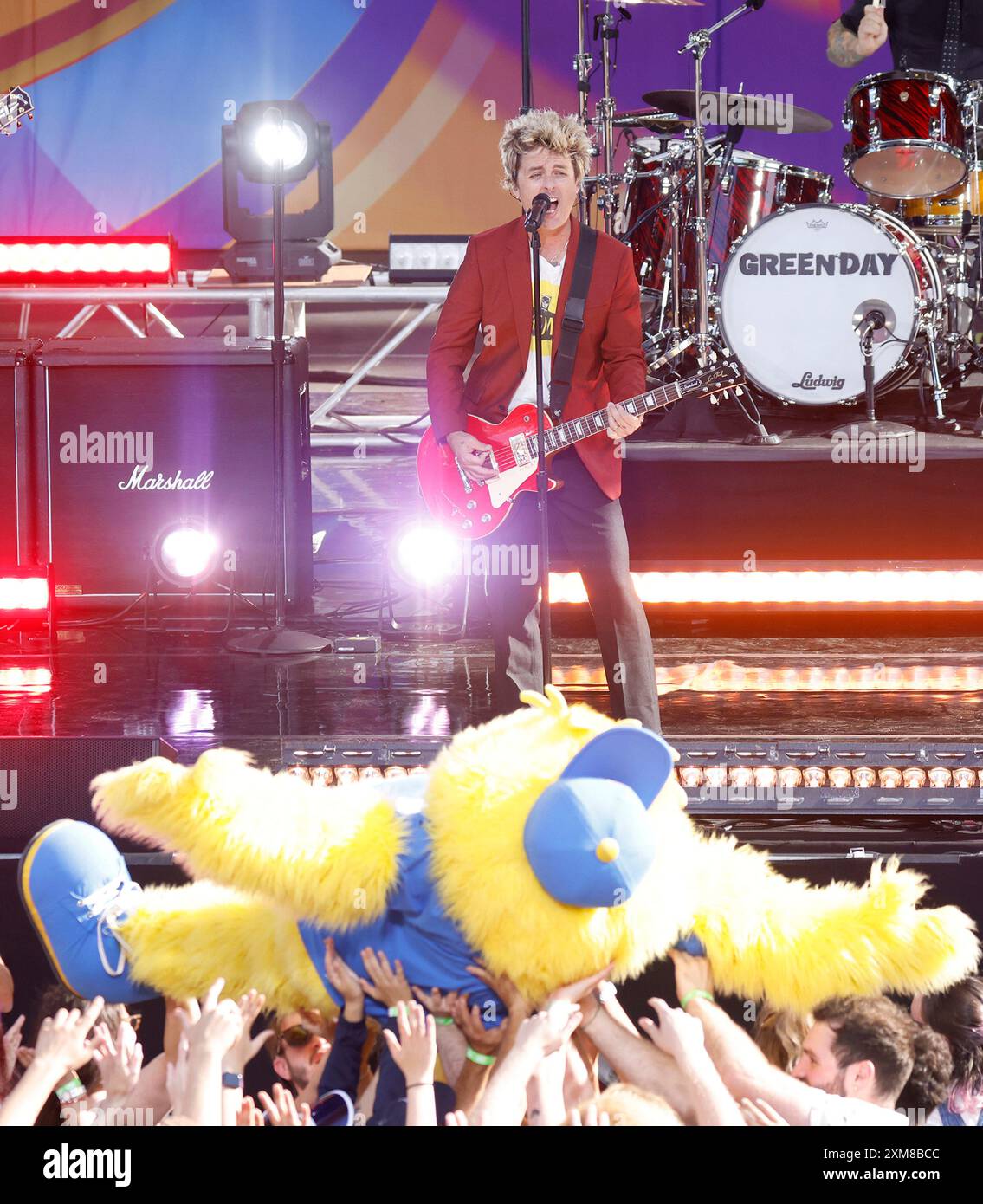 New York, United States. 26th July, 2024. GMA mascot Ray crowd surfs as ...