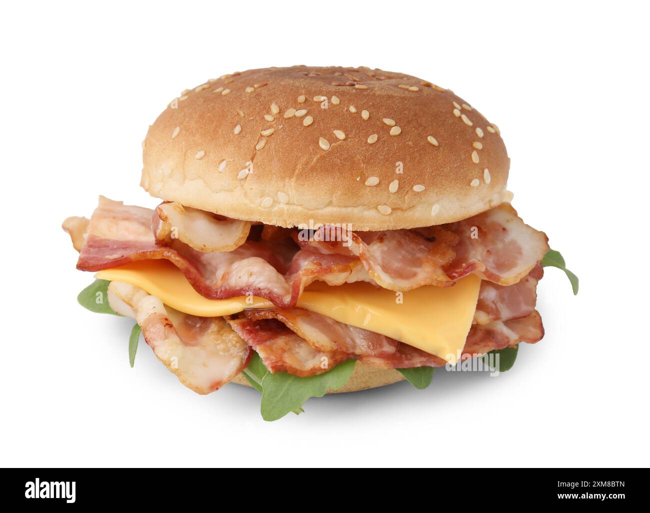 Delicious burger with bacon and cheese isolated on white Stock Photo ...