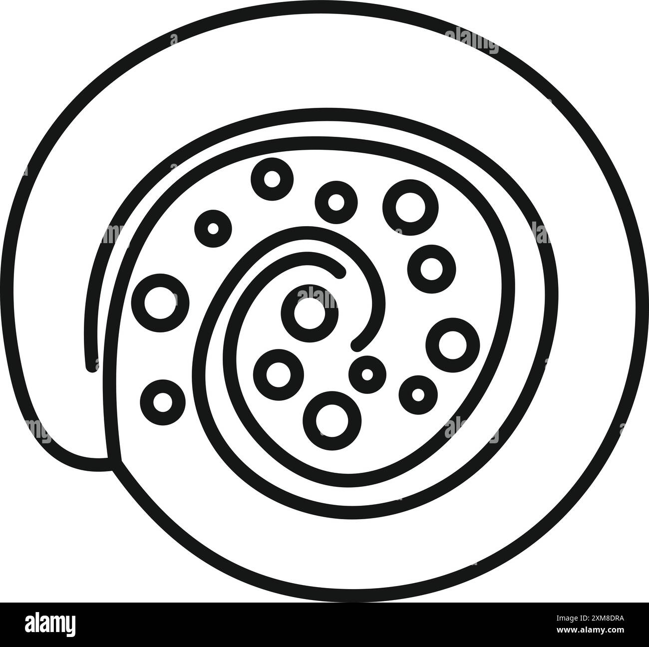 Minimalist line art icon depicting a swiss roll cake with cream filling ...