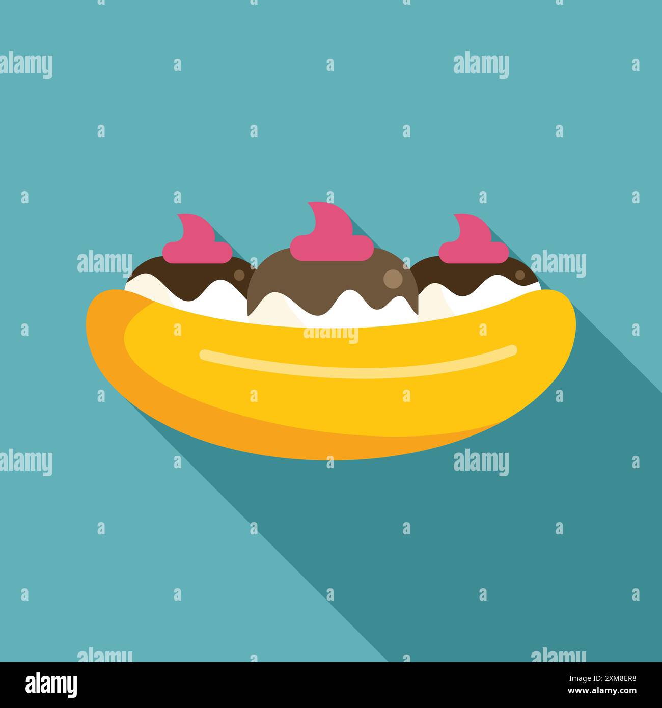Banana split dessert lying on blue background with long shadow ...