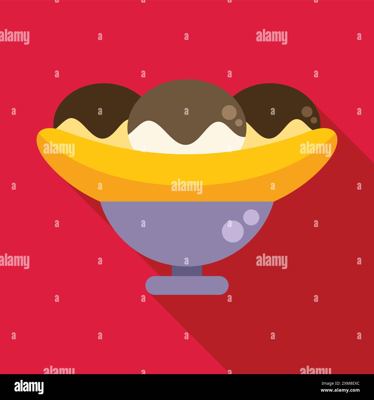 Banana split dessert with three scoops of ice cream, topped with ...