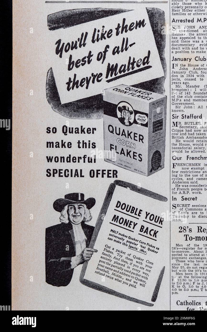 Advert for Quaker Corn Flakes in the Daily Mail (replica), 14th June ...