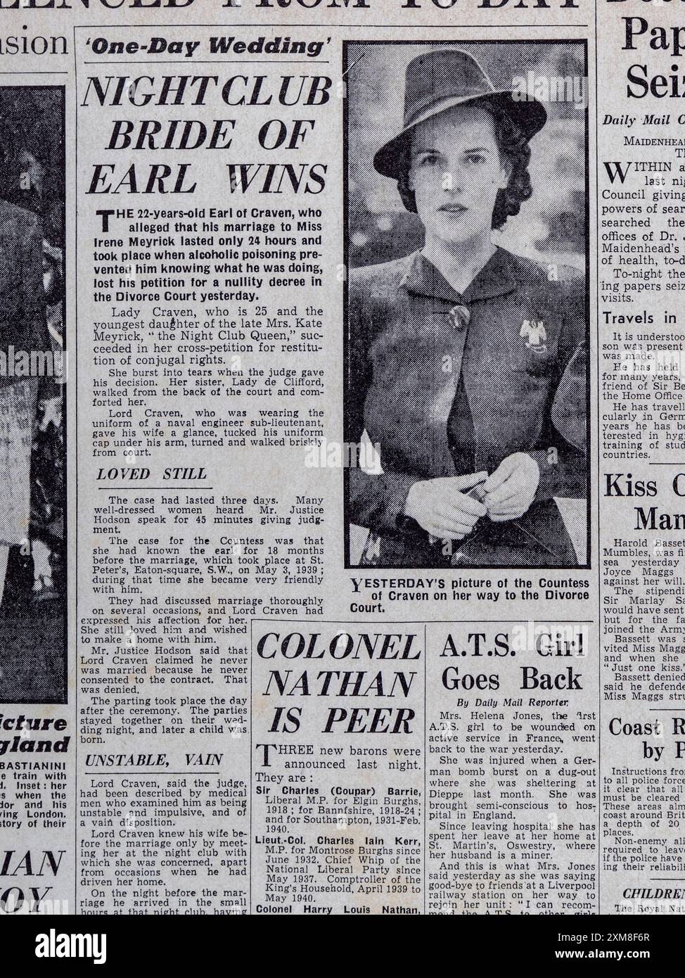"Nightclub Bride of Earl Wins" headline in the Daily Mail (replica ...