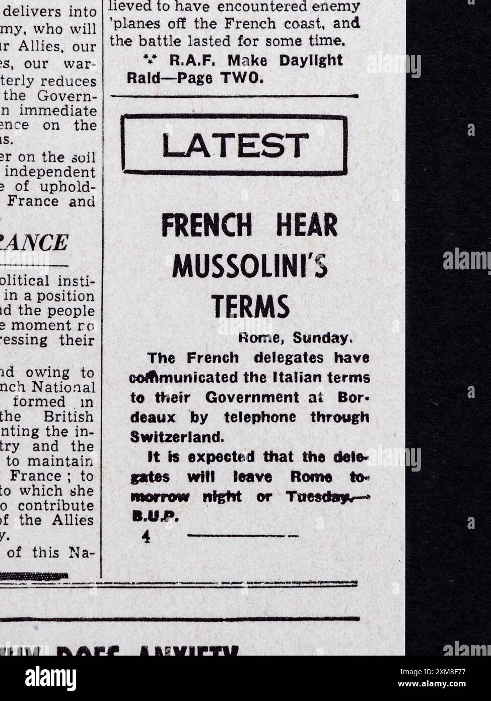 "French Hear Mussolini's Terms" Latest News headline in the Daily Mail ...