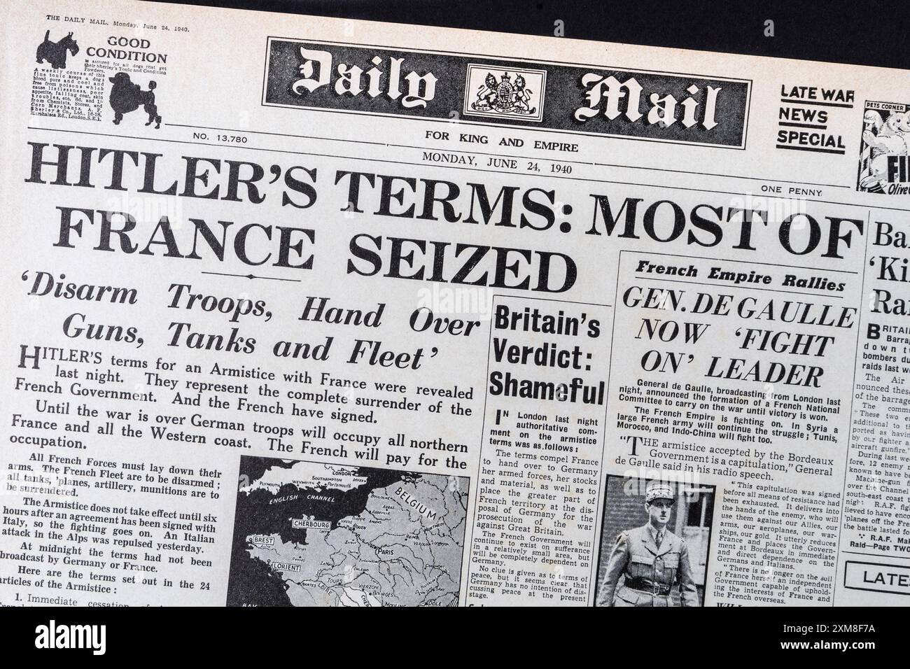 "Hitler's Terms: Most of France Seized" headline in the Daily Mail ...