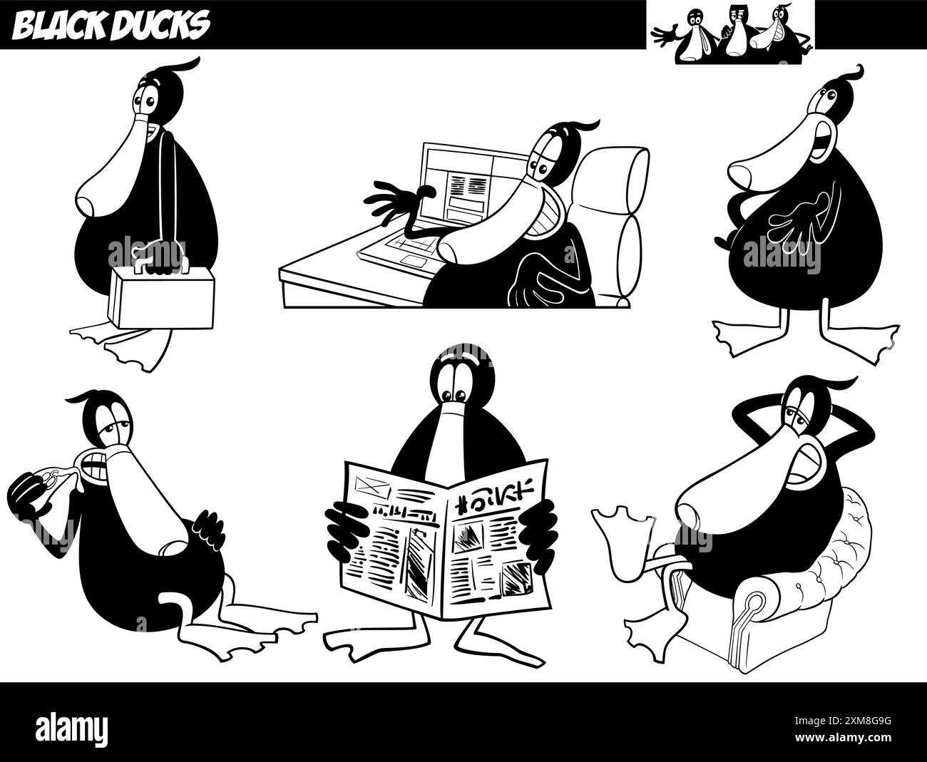 Cartoon illustration of funny black duck animal characters set coloring ...