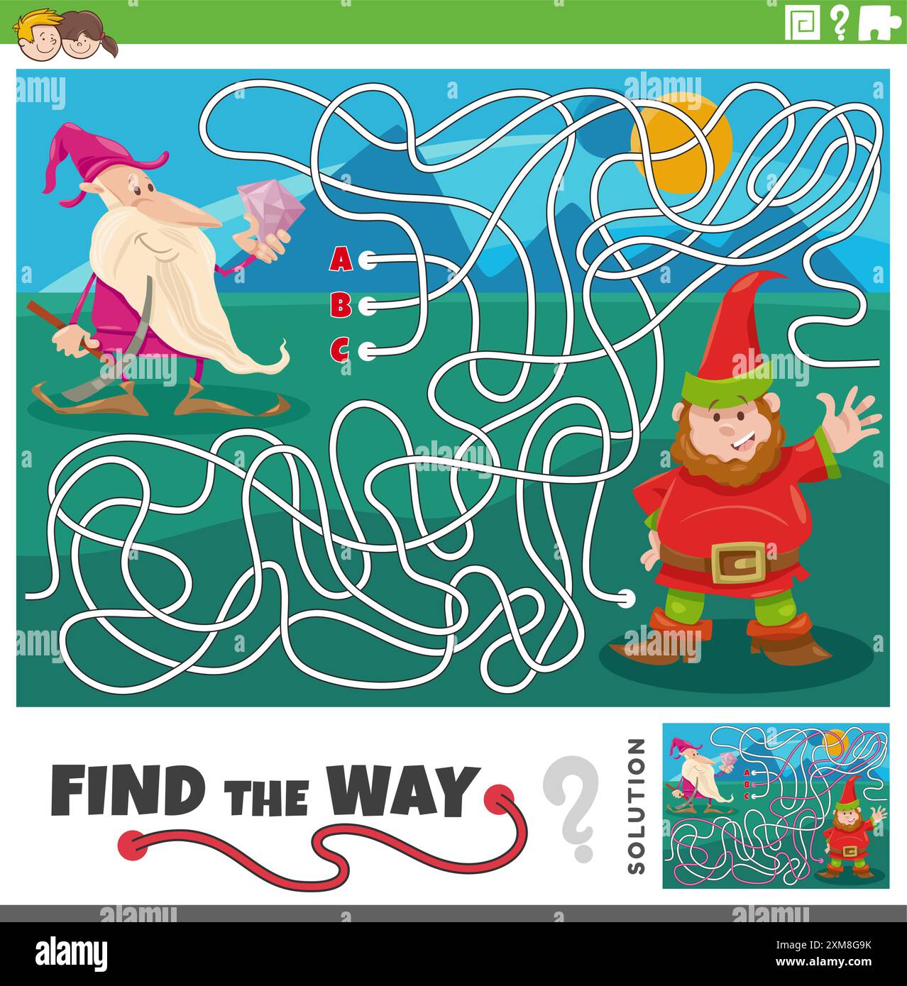 Cartoon illustration of find the way maze puzzle activity game with ...